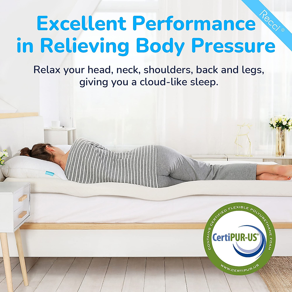 RECCI 2 Inch King Size Mattress Topper, 100% CertiPUR-US Certified Memory Foam, Pressure Relieving, Removable & Washable Cover, Ideal for Back Pain, Easy to Clean, Durable & Multi-Use