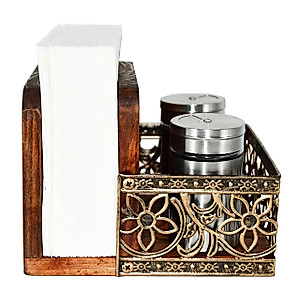 Owlgift Two-in-one Rustic Brown Wood Condiment Tabletop Serving Caddy with Napkin Holder, Metal & Wooden Napkin Holder, Freestanding Salt & Pepper Napkin Holder, Malfunction Salt Pepper Storage Holder