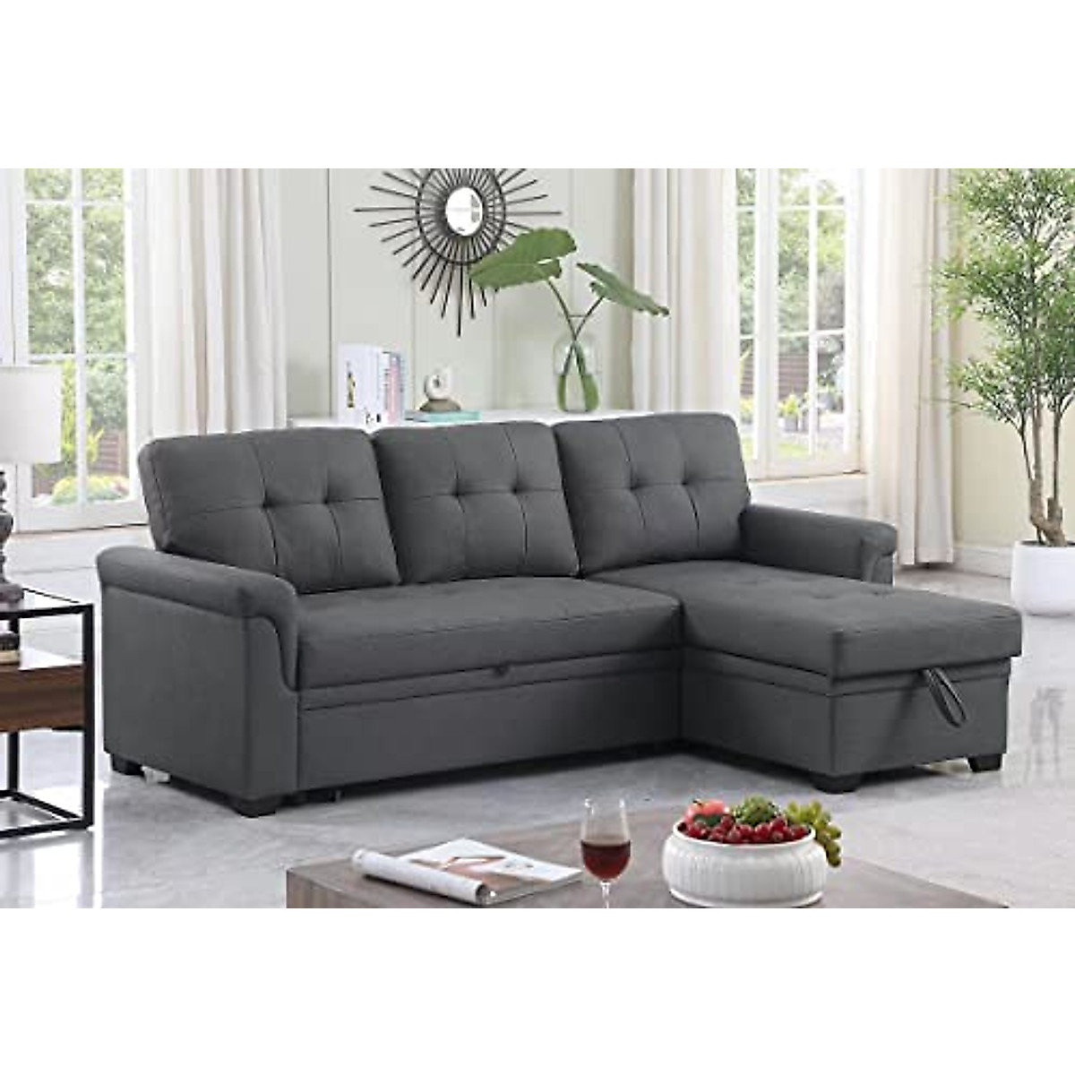 Lilola Home Lucca Performance Artificial Leather L-Shaped Pull-Out Sleeper Sofa Sectional with Reversible Storage Chaise and Solid Wood Frame, Gray