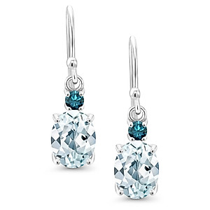 Gem Stone King 10K White Gold Sky Blue Aquamarine and Blue Diamond Dangle Earrings For Women (2.33 Cttw, Gemstone Birthstone, Oval 8x6mm)