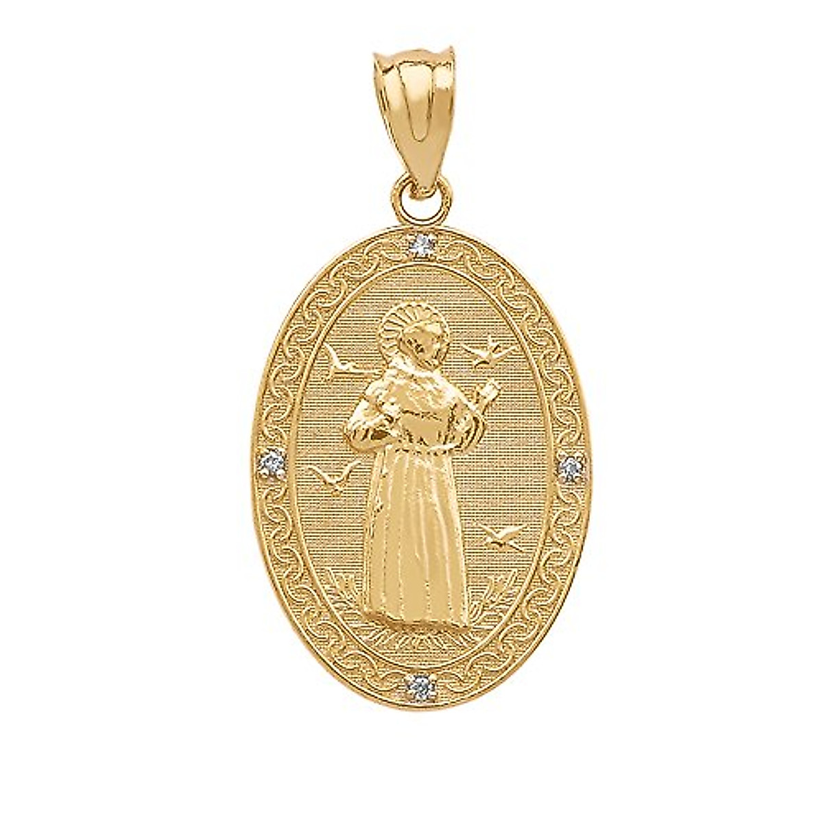10k Gold Saint Francis Of Assisi Diamond Oval Medal Charm Pendant (Medium)
