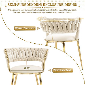 Modern Velvet Dining Chairs Set of 4, Upholstered Living Room Chair with Woven Back and Golden Metal Legs, Mid-Century Accent Side Chair for Dining Room, Living Room, Kitchen, Vanity Room, Ivory
