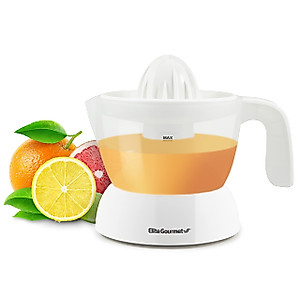Elite Gourmet ETS-411 BPA-Free Electric Citrus Juicer Extractor: Compact Large Volume Pulp Control Oranges, Lemons, Limes, Grapefruits with Easy Pour Spout, 16 oz, White