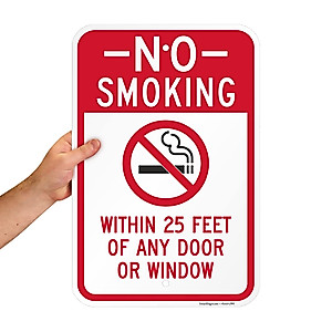 SmartSign 18 x 12 inch “No Smoking - Within 25 Feet of Any Door Or Window” Metal Sign, 63 mil Laminated Rustproof Aluminum, Red, Black and White