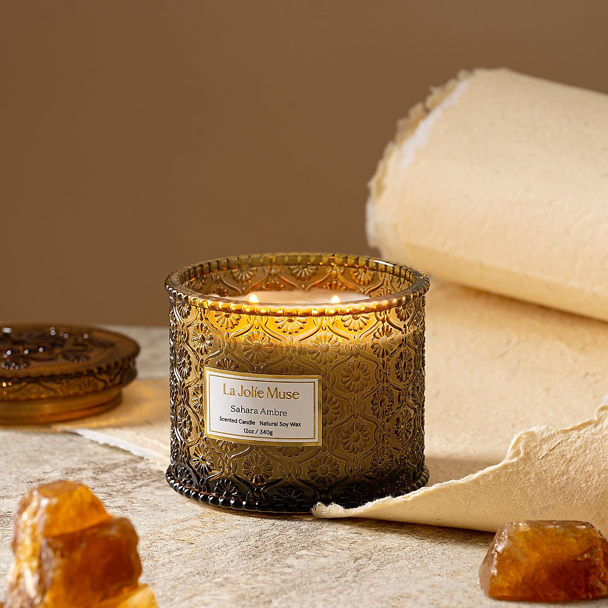 LA JOLIE MUSE Amber Candle, Scented Candles for Home, Large 2-Wick Soy Candles, Candle Gifts for Women & Men, Luxury Jar Candles, 60 Hours Long Burning, Sahara Ambre, 12oz