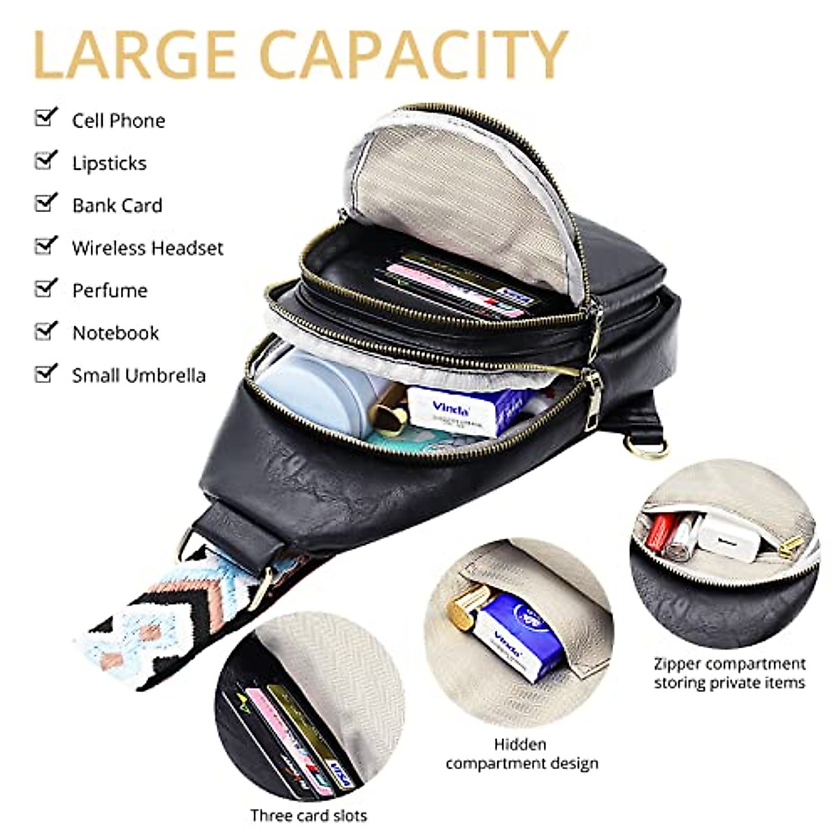 YZFSM Sling Bag for Women PU Leather Sling Bags for Women Crossbody Small Sling Backpack Multipurpose Chest Bag for Women (Black)