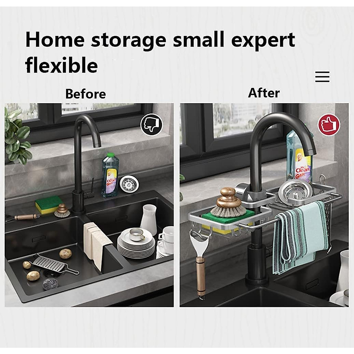 SIMCAS 2023 NeverRust Faucet Sponge Holder Kitchen Sink Caddy, Detachable Faucet Rack Drain Shelf for Sponge, Brush, Soap, Dishcloth, Bathroom Organizer with Hooks, RV & Kitchen Accessories, Aluminum