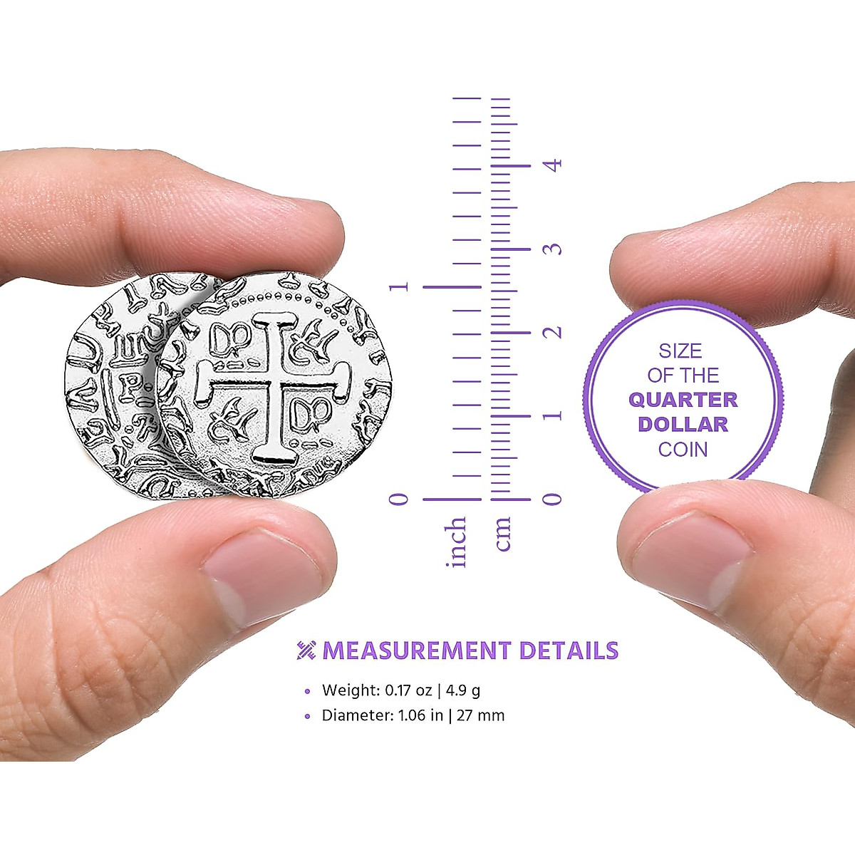 Metal Pirate Coins, 100 Large Silver Treasure Coin Set, Metal Replica Spanish Doubloons for Board Games, Tokens, Toys, Cosplay - Realistic Money Imitation, Pirate Treasure Chest, Diameter: 1.06"