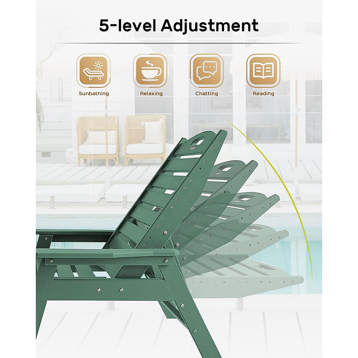 Ciokea Chaise Lounge Chair Outdoor with Wood Texture, Adjustable 5-Position Chaise Lounge Outdoor, Patio Lounge Chair for Poolside Backyard, Green