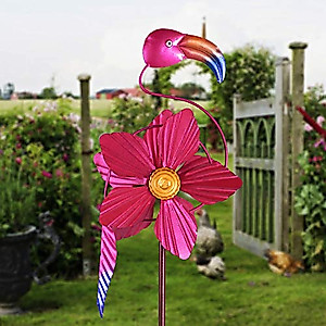 MorTime Flamingo Wind Spinner Garden Stake, 40 Inch Metal Pink Flower Flamingo Windmill Outdoor Decorative Flamingo Wind Sculpture for Spring Yard Lawn Pathway Decorations