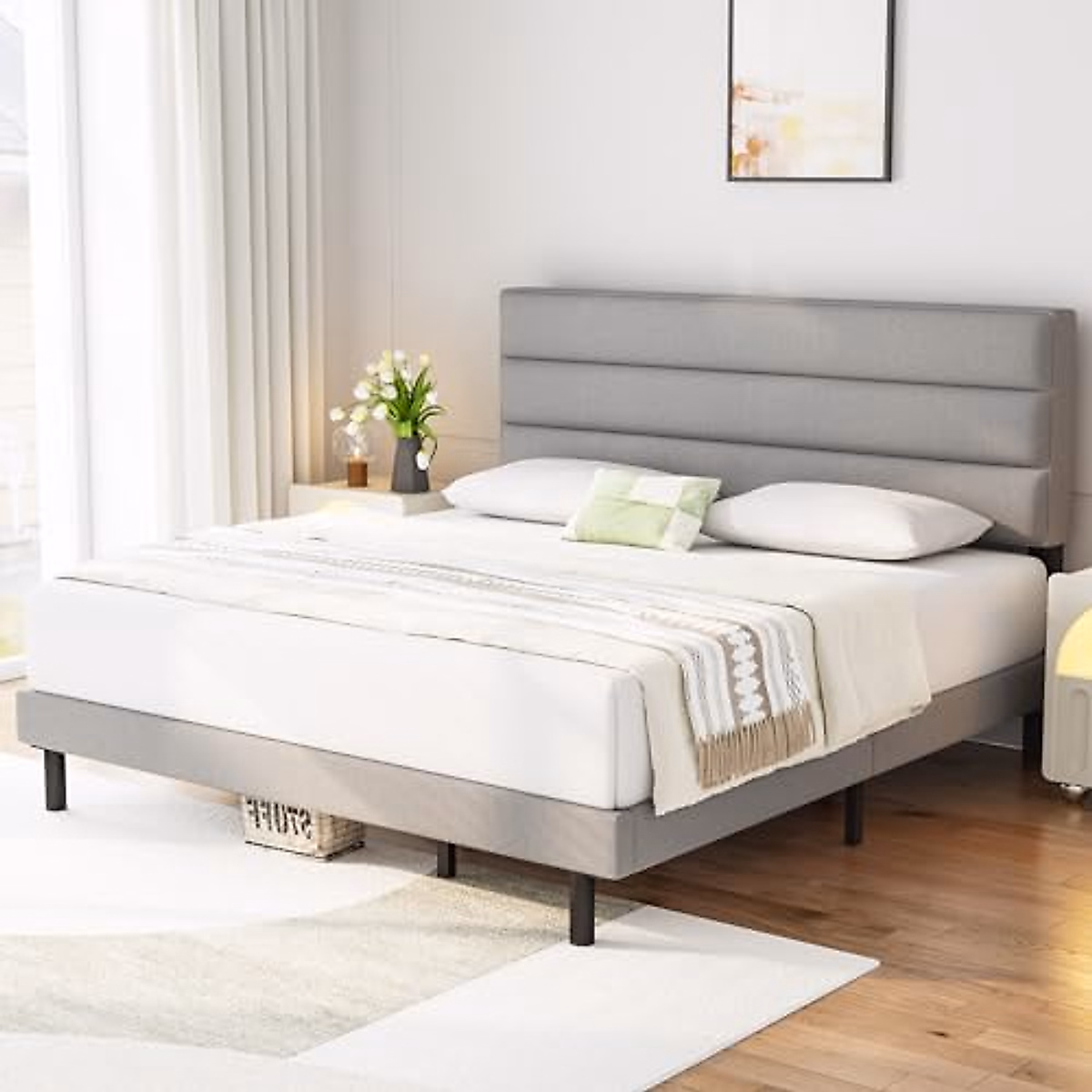 IYEE NATURE Bed Frame Full Size with Headboard,Sturdy Platform Bed with Wooden Slats Support,No Box Spring,Mattress Foundation,Easy Assembly,Grey