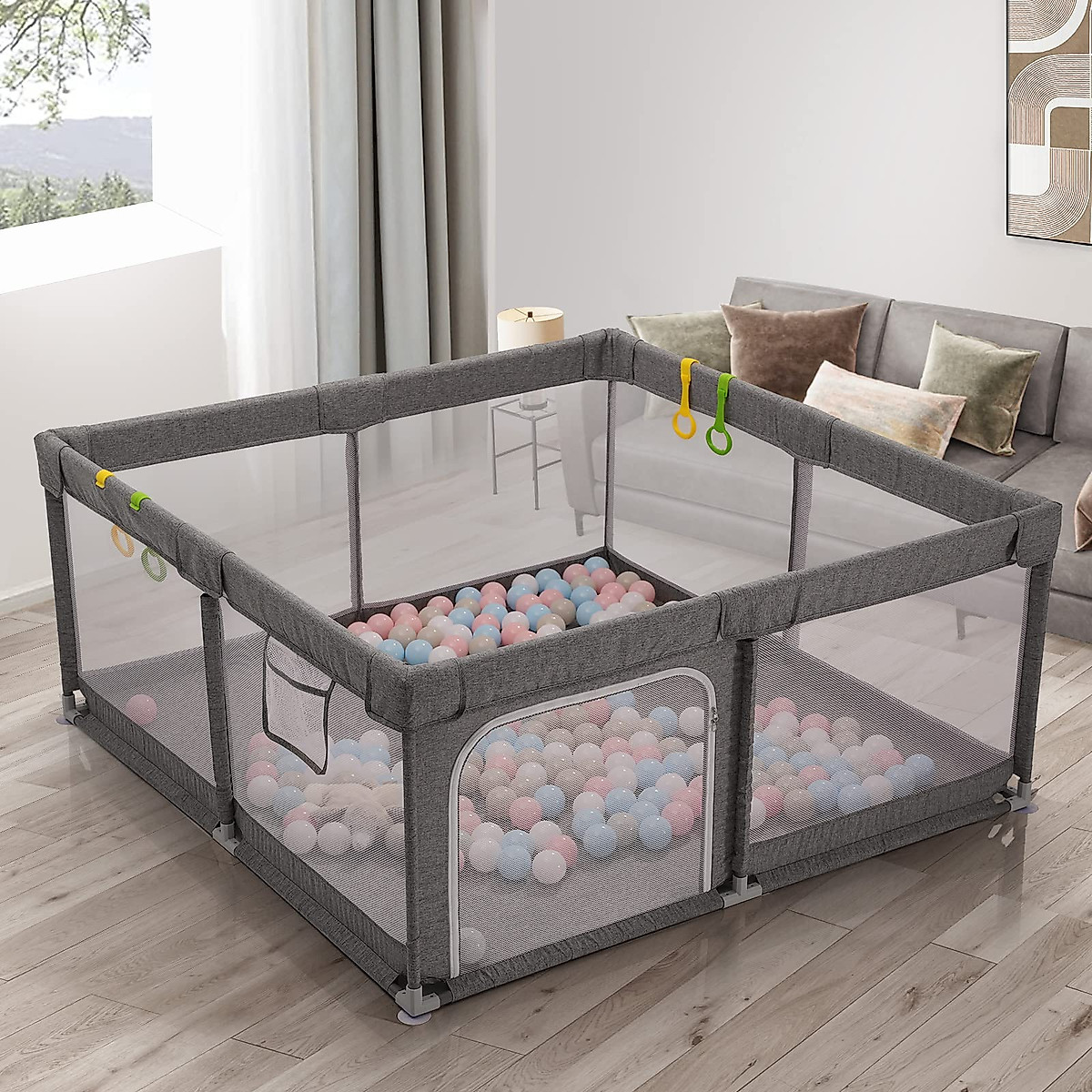 UANLAUO Baby Playpen, Sturdy Playpen for Babies and Toddlers, Safety Baby Play Yards, Easy Assembly Large Baby Playpen for Babies, Anti-Collision BPA-Free Breathable Mesh Play Pen, 59in X 59in (Gray)