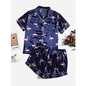 WDIRARA Women's Plus Size Satin Pajama Set Short Sleeve Button Down Pajamas Shirt and Short Sleepwear Navy Blue 4XL