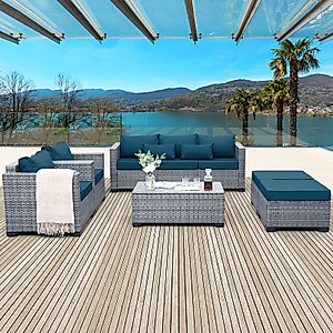 Lviden 6 Pieces Wicker Patio Furniture Sets Outdoor Conversation Set PE Rattan Sectional Sofa Couch with Storage Table and Peacock Blue Cushions