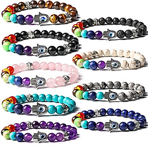 BOMAIL 2-9pcs Evil Eye Bracelet Set Hamsa 7 Chakra Gemstone Lava Stone Bracelets Blue Evil Eye Hamsa Charm Bead Bracelets for Men Women Hand of Fatima Bracelet