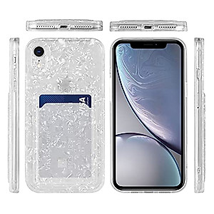 ZIYE Designed for iPhone XR Case with Card Holder for Women Girls Shell Pattern TPU Protective Phone Bumper ID Card Wallet Pocket with Screen Protector Ring Holder White