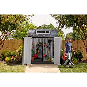Rubbermaid Resin Weather Resistant Outdoor Storage Shed, 7 x 7 ft., Simple Gray/Onyx, for Garden/Backyard/Home/Pool
