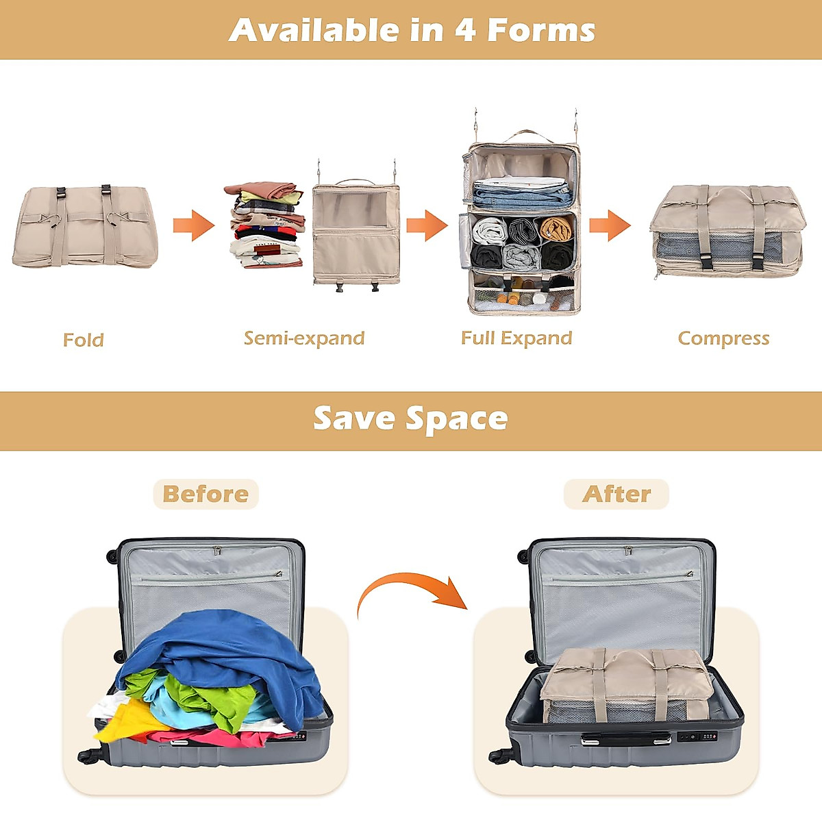 Surblue Hanging Shelves Travel Compression Packing Cube for Carry-on Luggage Suitcase Collapsible Transformable Garment Closet Organizers Large Capacity, Beige, XXL