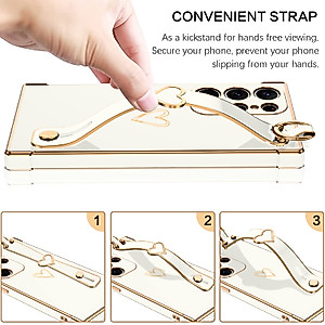 BENTOBEN for Galaxy S23 Ultra Case with Adjustable Wristband Kickstand Loop, Cute Heart Luxury Plating Bumper, Raised Corner Shockproof Women Girls Phone Cover for Samsung Galaxy S23 Ultra 6.8", White