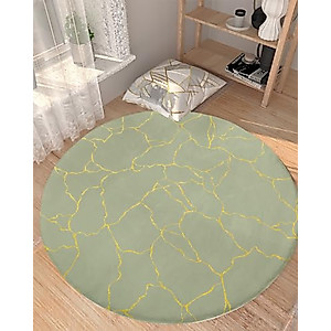 Sage Green Fluffy Round Area Rug Carpets 3.3ft, Plush Shaggy Carpet Soft Circular Rugs, Non-Slip Fuzzy Accent Floor Mat for Living Room Bedroom Nursery Decor Gold Geometric Line Country Rustic Art