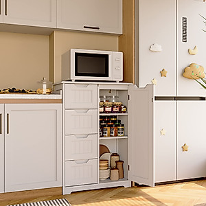 Gizoon 33" Small Kitchen Pantry Storage Cabinet with Door and Shelves, Pantry Cabinet Storage Cupboard, Freestanding Wooden Dresser with 4 Drawers for Bathroom and Dining Room, White