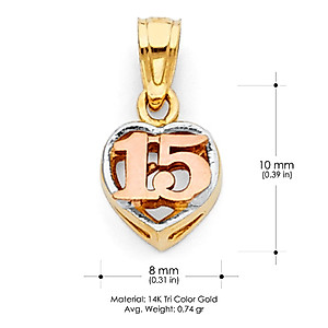 Ioka 14K Tri Color Gold Sweet 15 Years Quinceanera Heart Charm Pendant with 1.5mm Valentino Chain Necklace - 20"