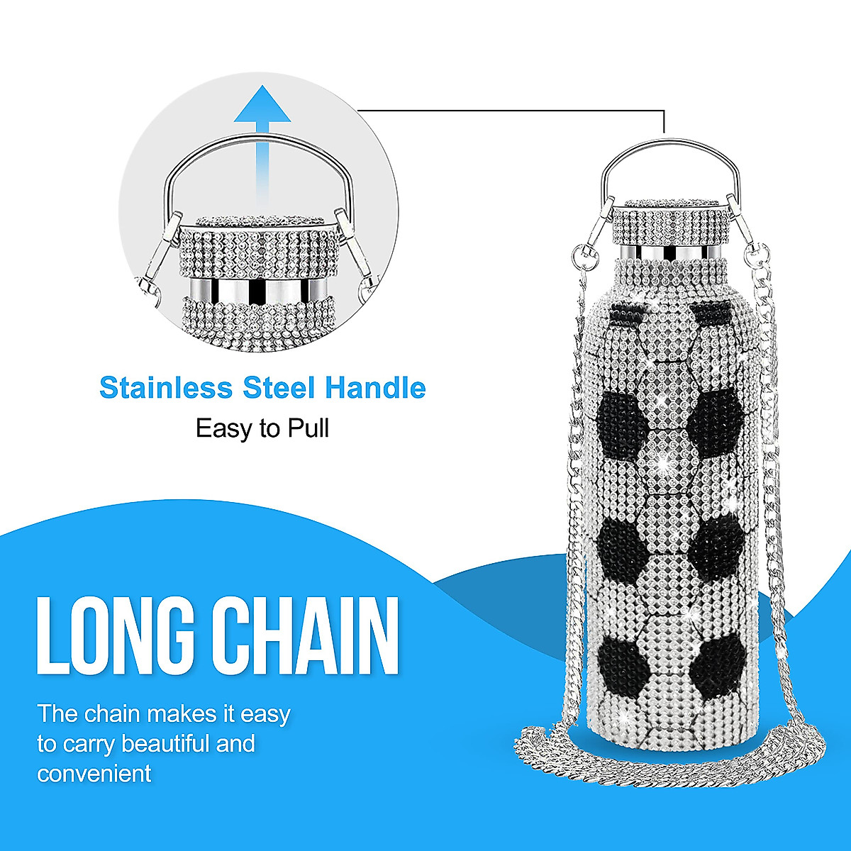 Liquid TuNes Soccer Bling Water Bottle Stainless Steel Thermal Bottle, Insulated Refillable Glitter Water Bottle with Chain, Great Gift Idea for Girls(500ml/16.9 oz)