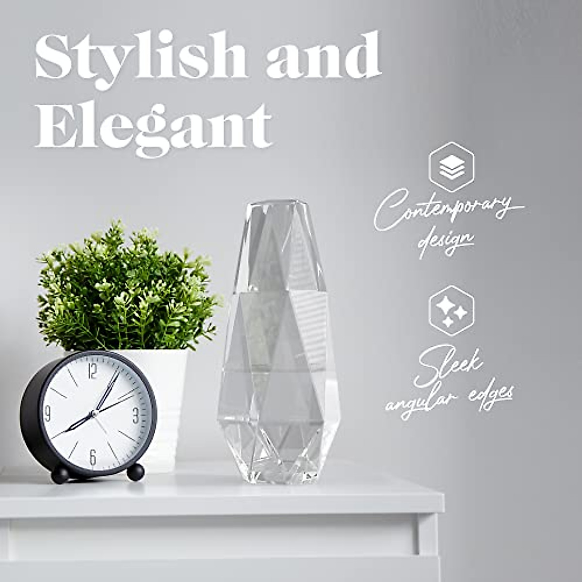 Fifth Avenue Crystal Modern Geometric Bedside Water Carafe with Tumbler- Elegant Pitcher and Matching Drinking Glass Doubles As Lid for Guest Room, Office (Clear)