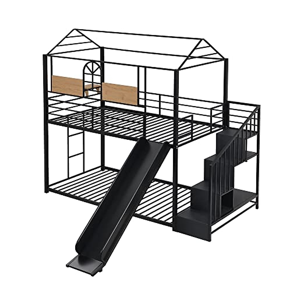 Twin Over Twin Low Bunk Bed with Slide and Stairs House Bunk Bed Metal Frame with Storage Shelves for Kids Boys Girls Teens, Black