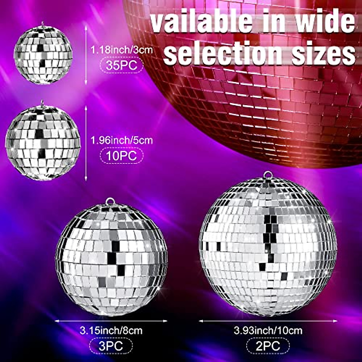 50 Pcs Disco Balls Ornaments Mini Silver Hanging Decorations Reflective Mirror Ball Cake Decoration 70s Party Supplies for Christmas Festive (1.2 Inch, 2 3.2 4 Inch)