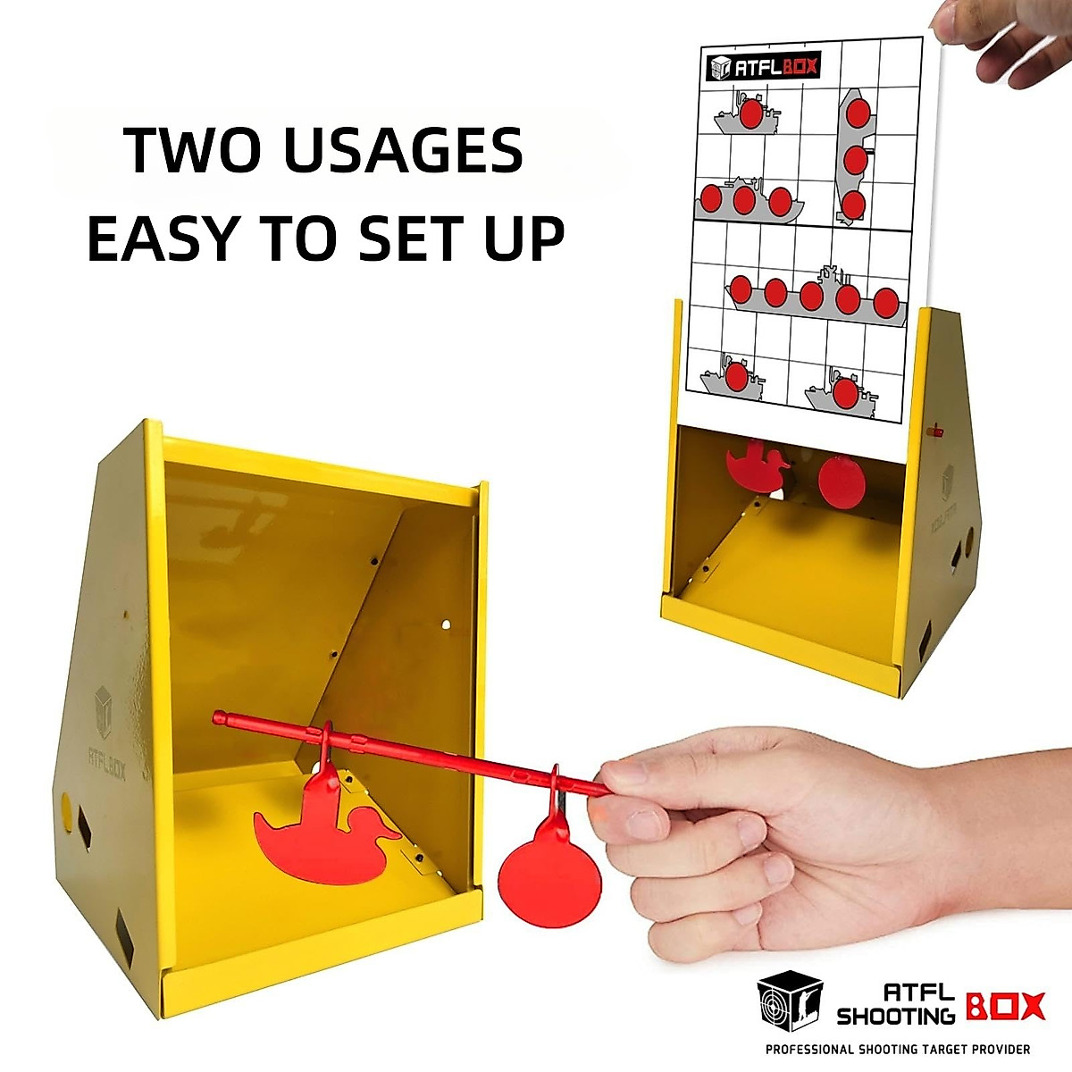 ATFLBOX BB Trap Target with 20pcs 7'' X 9'' Paper Targets and 2 Metal Silhouettes Spinner Shooting Targets for Airsoft, Rifle, Pellet Gun, Airgun