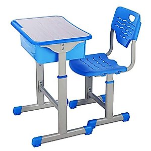 Articles for daily use Height-Adjustable Children’s Study Desk, Children’s Writing and Reading Desk with Drawers, Computer Desk, Student Desk and Chair Set (Blue)