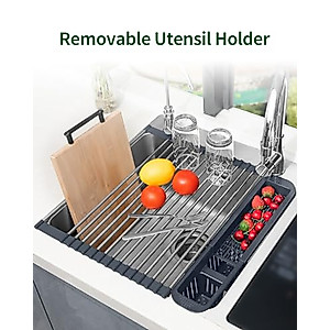 TREANY Expandable Roll Up Dish Drying Rack with Utensil Holder,Over The Sink Dish Drainer,304 Stainless Steel,Multipurpose,Best Gadget for Many Kitchen Task (14.5'' x 22.3'', Grey)