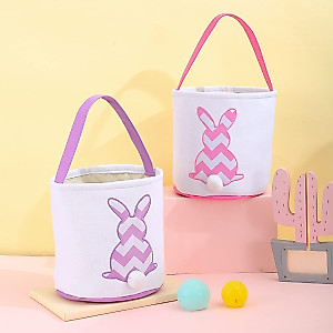 Cootato Easter Bunny Basket Bags for Kids, Stripe Rabbit Pattern Egg Basket Hunt Bags Personalized Canvas Cotton Bucket with Fluffy Tail for Easter Eggs, Candy, Gift (Pink)