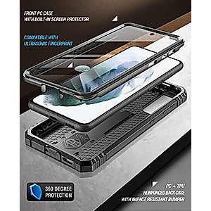 Poetic Revolution Case for Samsung Galaxy S21 5G 6.2 inch, Built-in Screen Protector Work with Fingerprint ID, Full Body Rugged Shockproof Protective Cover Case with Kickstand, Black