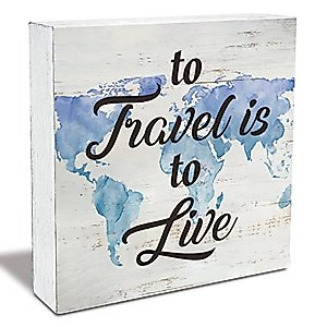 Motivational Travel Quote to Travel is to Live Wood Box Sign Rusitc Wooden Box Sign Farmhouse Home Office Desk Shelf Decor (5 X 5 Inch)