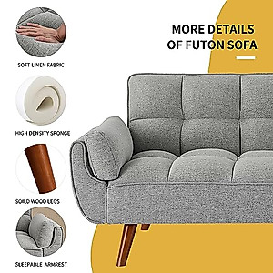 Homies Life Convertible Futon Sofa Bed, Linen Sleeper Couch, 75" W Modern 3 Seater Tufted Sofa with Adjustable Backrests and Soild Wood Legs for Living Room, Bedroom, Small Space, Gray