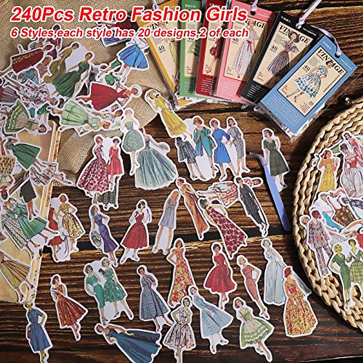240 Pcs Vintage Washi Stickers for Journaling Supplies, Retro Style Ladies Scrapbook Stickers Scrapbooking Supplies Kit, Aesthetic Stickers for Junk Journal Supplies DIY Crafts Embellishment