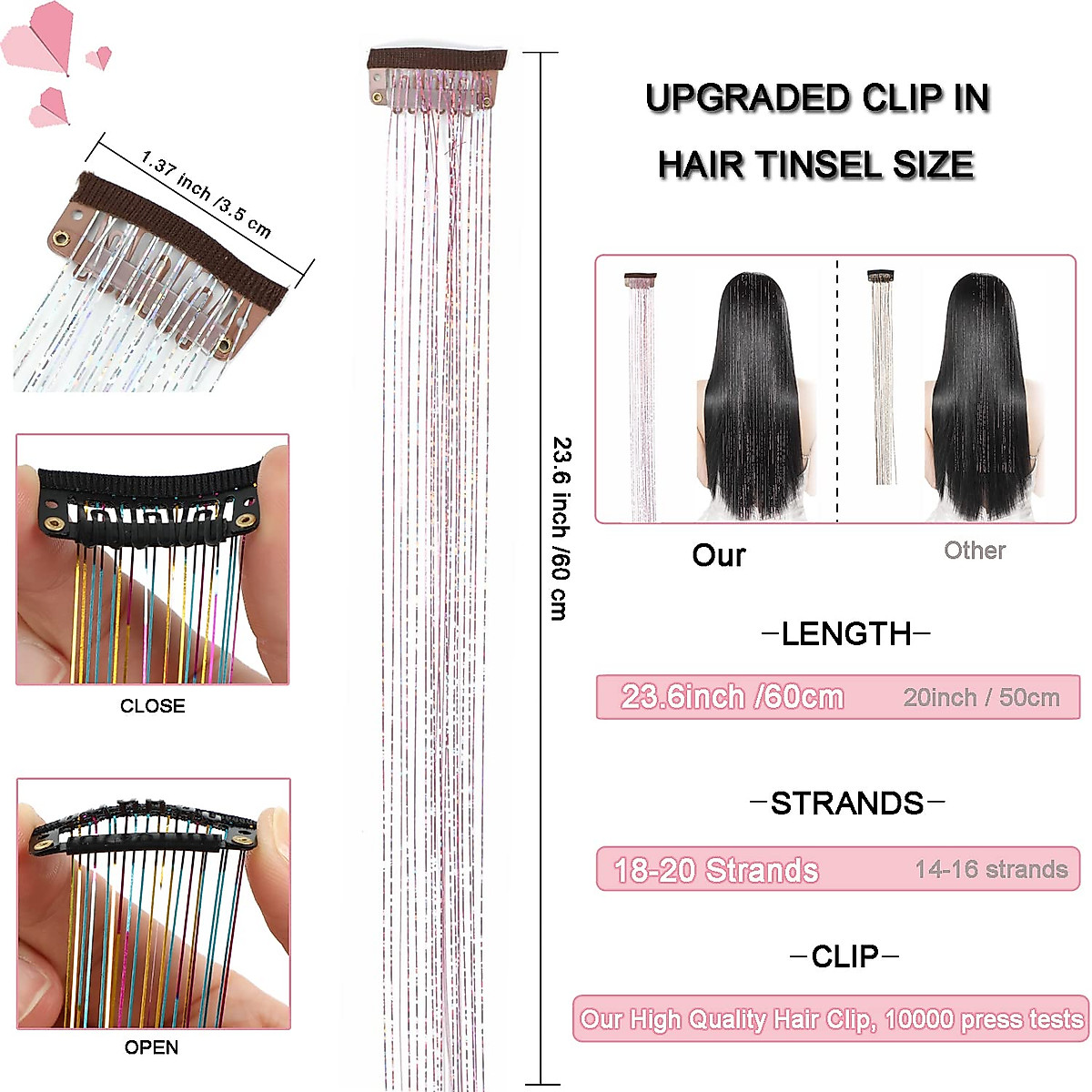 AIFIHIYI 23.6 Inch Hair Tinsel Clip in, Extra Long Glitter Tinsel Hair Extensions Clip in Hair Tinsel Heat Resistant Pink Hair Tensile Kit Sparkle Fairy Hair Accessories for Girls Kids Women (Pink)