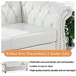 Wlvos 84" Leather Chesterfield Sofas for Living Room, Rolled Arm 3-Seater Large Couch Deep Button Nailhead Tufted Upholstered Couches for Bedroom, Office Apartment Easy to Assemble (Beige)