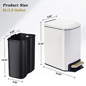 Small Narrow Bathroom Trash Can with Lid Bathroom,1.6 Gallon Stainless Steel Wastebasket with Lid Soft Close,Slim Trash Can with Removable Inner Bucket for Toilet, Bedroom,Office (White)