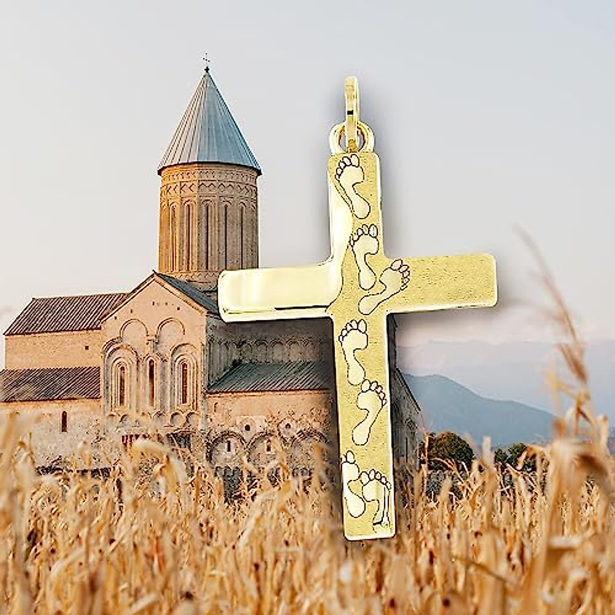 Lucchetta - Foot Prints in the Sand Yellow Gold Jesus Cross Pendant/Authentic Christian Jewelry from Italy/for Necklaces (up to 4mm)