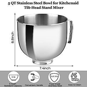 Stainless Steel Bowl Compatible with Kitchenaid Mixer 4.5/5QT，5 Quart Stainless Bowl for Kitchen Aid Mixing