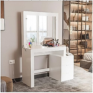 RINDOW Modern White Painted Vanity Desk, USB Port, for Bedroom Makeup Table Vanity Desk Vanity Desk with Mirror Vanity Desk Chair White Vanity Desk Makeup Vanity Desk Vanity Desk with Drawers
