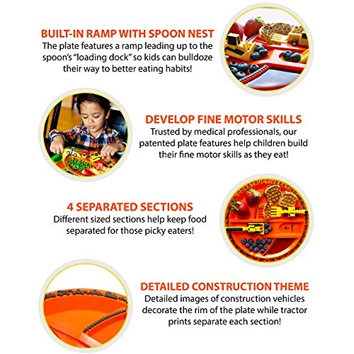 Constructive Eating Made in USA Toddler Dining Set: Kids Placemats for Dining Table with Construction Plate & Utensils, Perfect Toddler Boy Gifts or Toddler Girl Gifts for 2 Year Old, Toddler Forks and Spoons for Picky Eater