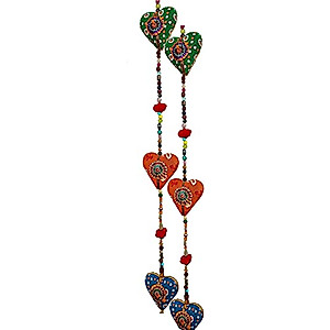 FIKIMOS Door Hanging Decorative Cotton Heart in Vibrant Color Stringed with Beads and Bell Traditional Indian Hanging Decoration 2 Layer
