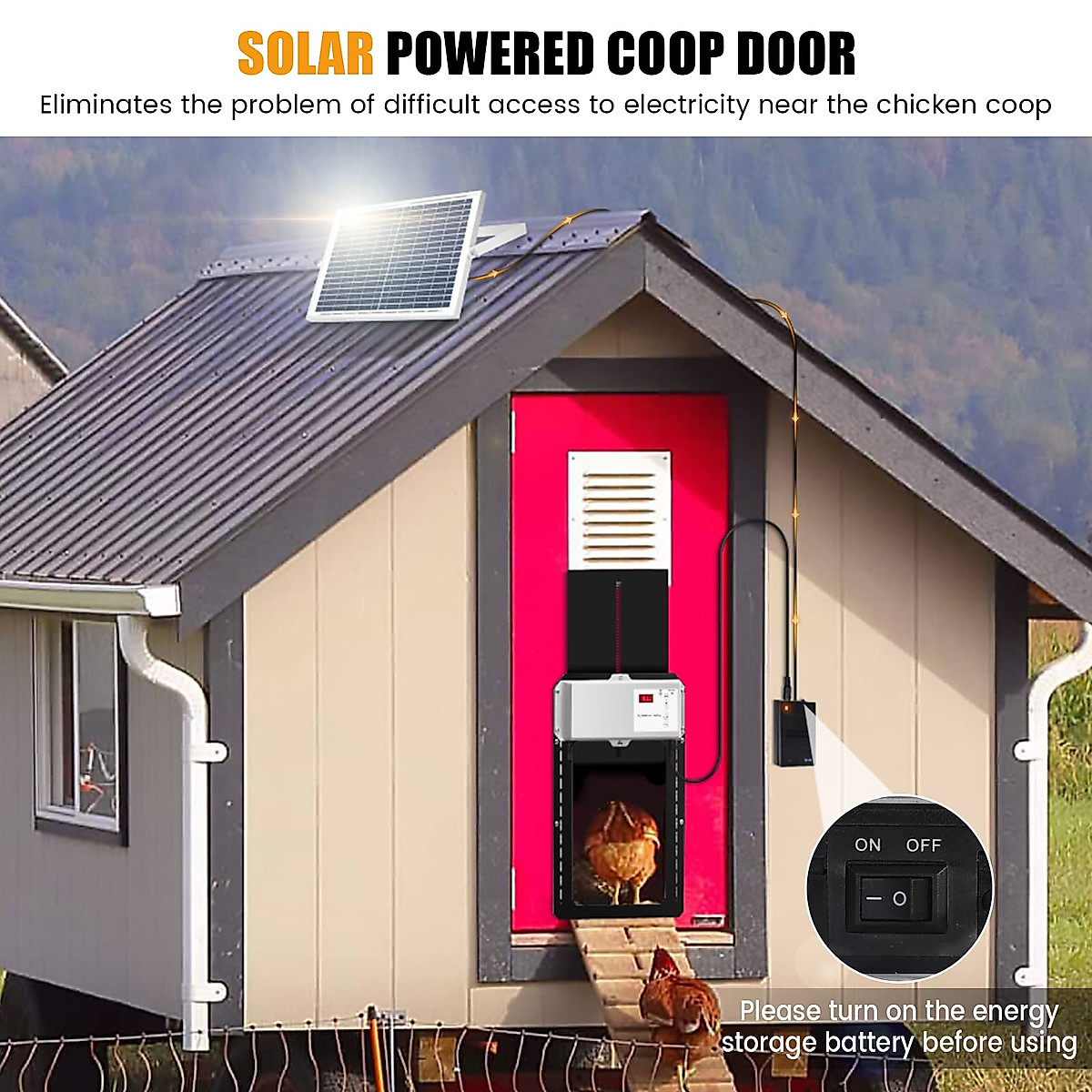 Automatic Chicken Coop Door with Solar Panel, Solar Powered Chicken Coop Door with Timer and Light Sensor, Weatherproof Full Aluminum Chicken Door, Auto Chicken Door Opener for Home Farms