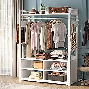 Tribesigns Free-standing Closet Clothing Rack, Metal Closet Organizer System with Shelves and Hooks, Heavy Duty Clothes Garment Rack Shelving for Bedroom, Laundry, Mushroom, Walk-in Closet (WHITE)
