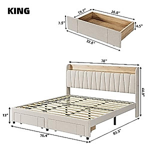 GAOMON King Size Bed Frame with 2 Storage Drawers, Upholstered Platform Bed Frame with Storage Headboard and Charging Station, Mattress Foundation with Solid Wooden Slats Support, No Box Spring Needed, White