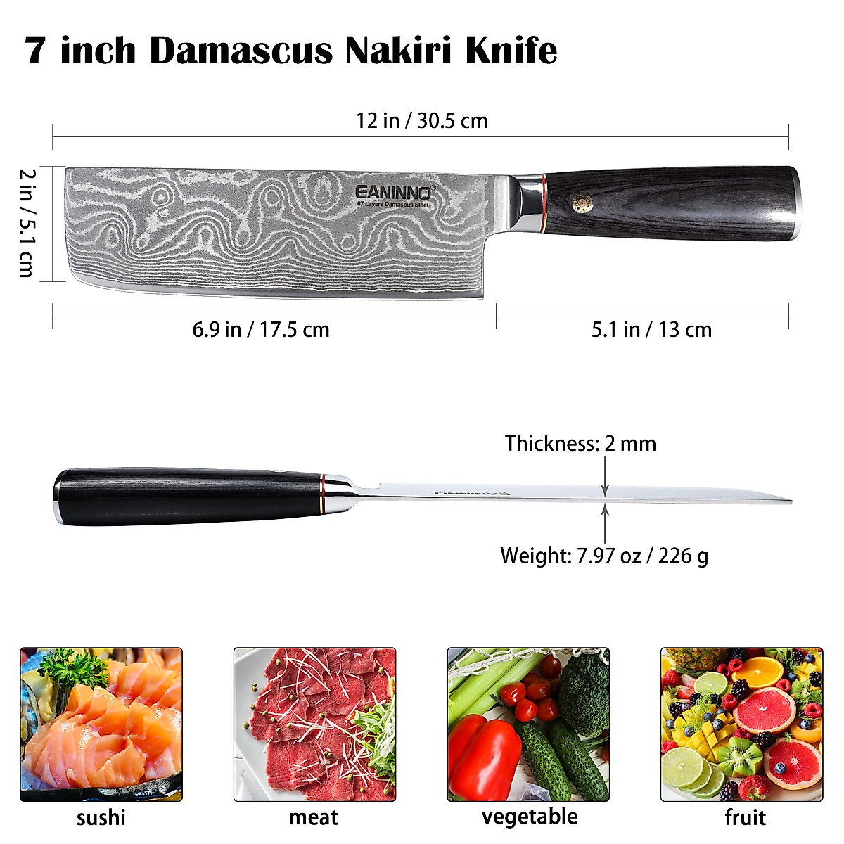 EANINNO Damascus Nakiri Knife Japanese 7 inch, Asian Japan Vegetable Cleaver Professional 67 Layer VG-10 Damascus Steel Knife, Sharp Kitchen Knifes Wooden Handle